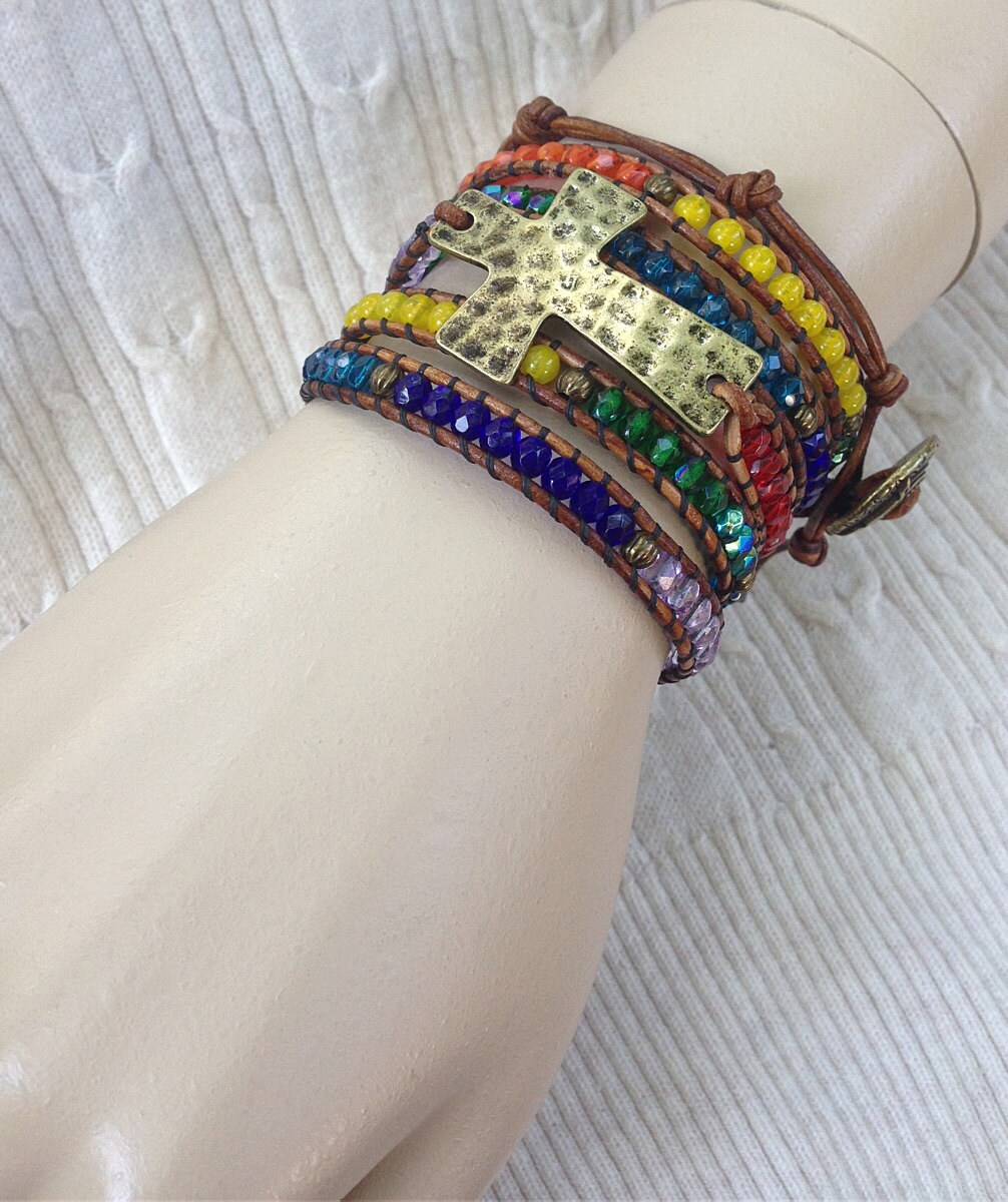 RAINBOW CROSS, Wrap Bracelet, Rainbow Bracelet, Cross Bracelet, Leather ...