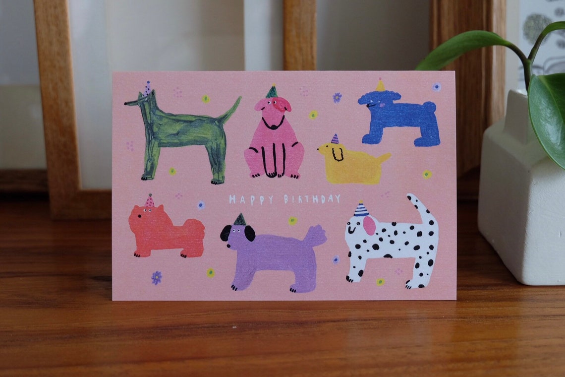 Happy Birthday Greeting Card // Dog Birthday Card, Whimsical Card ...