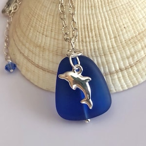 Blue Sea Glass Dolphin Necklace, Sterling Silver Dolphin Charm Necklace ...