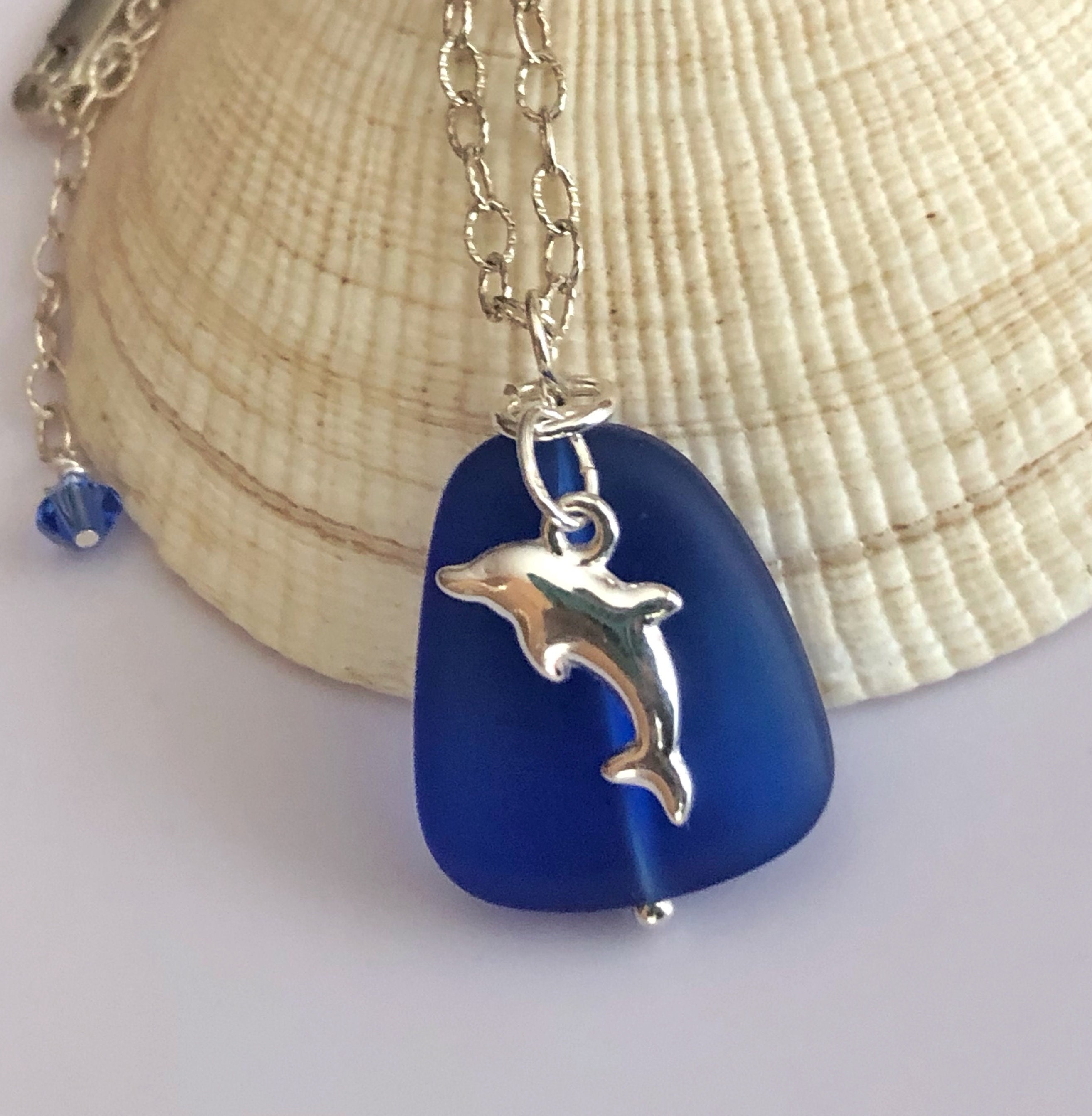 Blue Sea Glass Dolphin Necklace, Sterling Silver Dolphin Charm Necklace ...