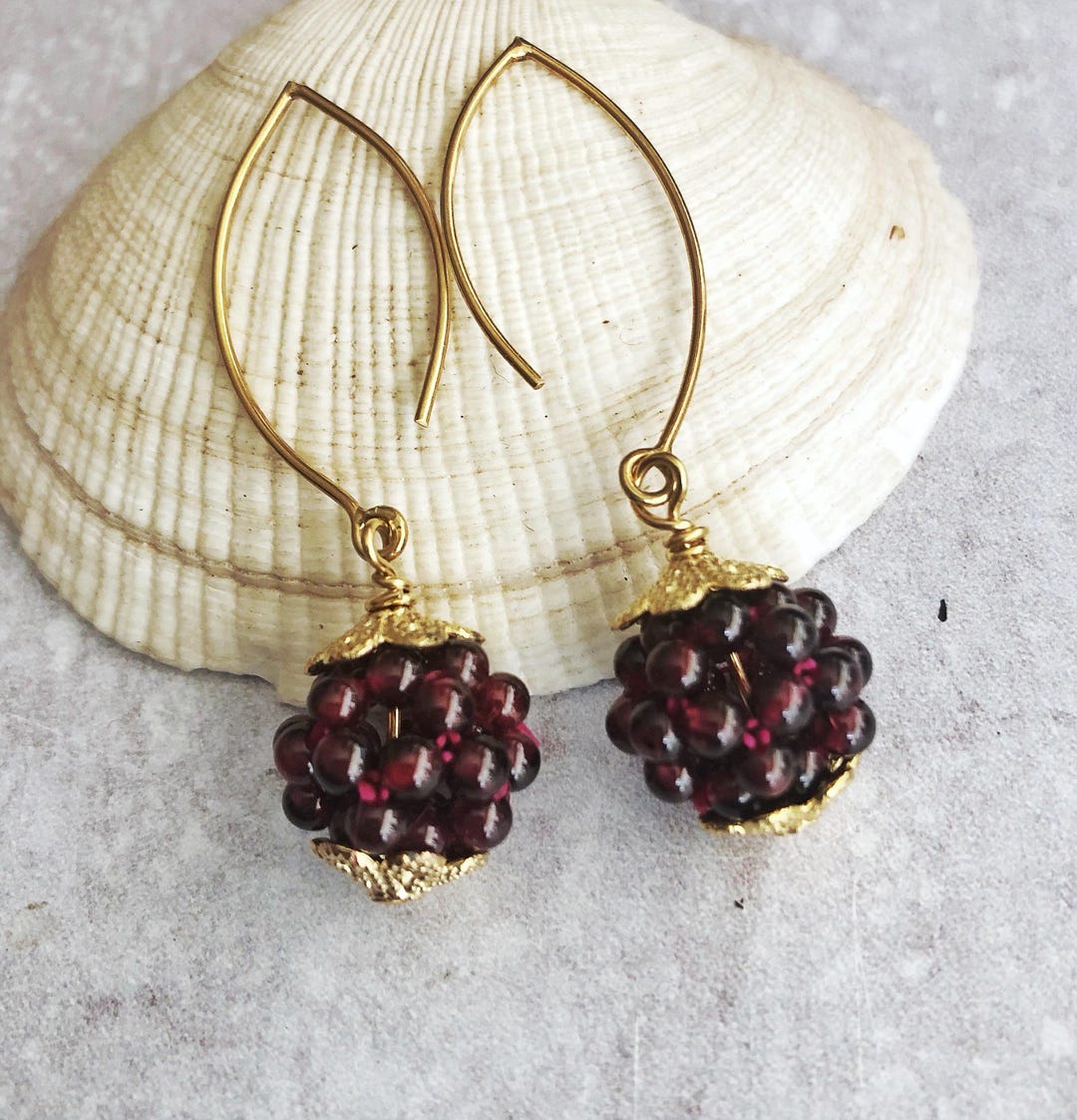 Garnet Raspberry Earrings Gold, Beaded Berry Earring, January ...