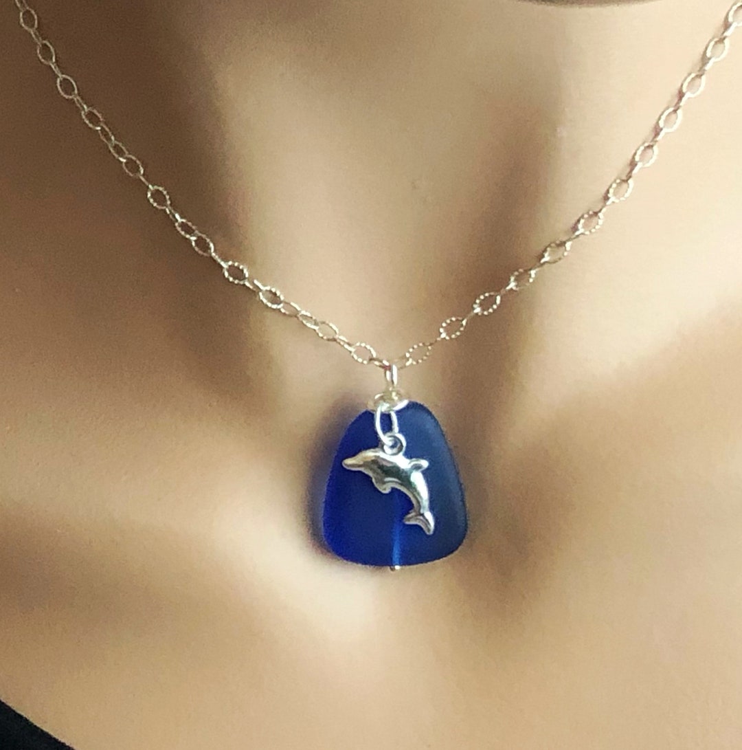 Blue Sea Glass Dolphin Necklace, Sterling Silver Dolphin Charm Necklace ...