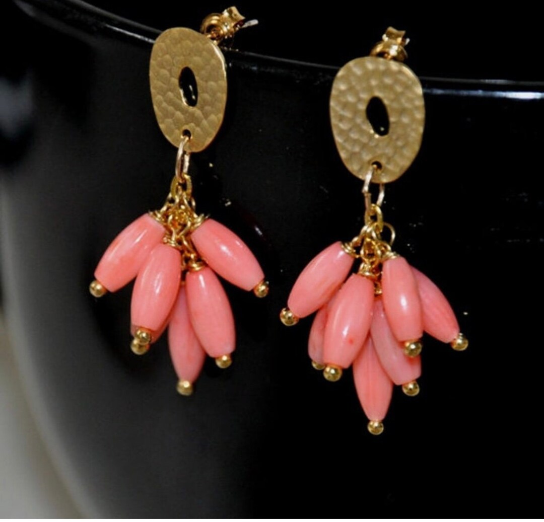 Salmon Pink Coral Dangle Earrings, Coral Drop Earrings Gold, Real Coral ...