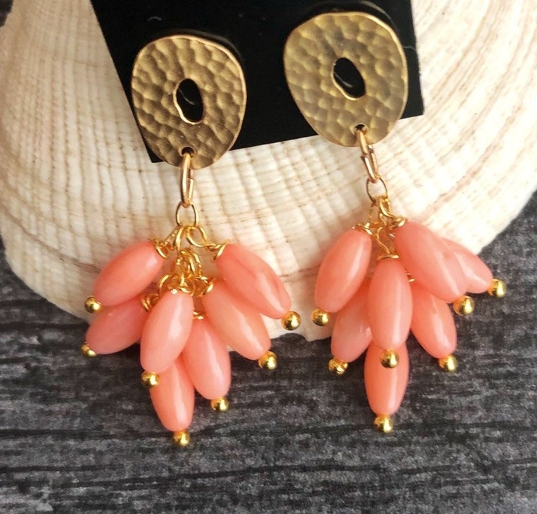 Salmon Pink Coral Dangle Earrings, Coral Drop Earrings Gold, Real Coral ...