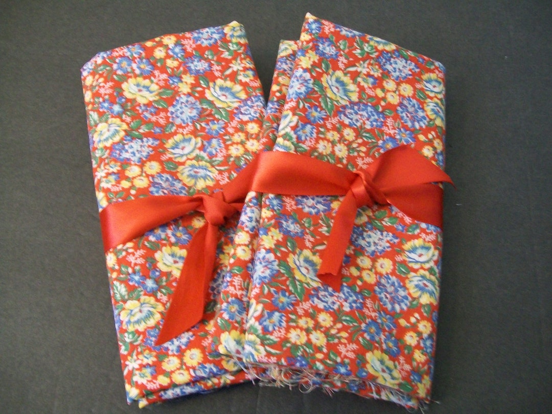 Vintage Calico Fabric, Red Flower Design, Cotton Material, Sewing ...