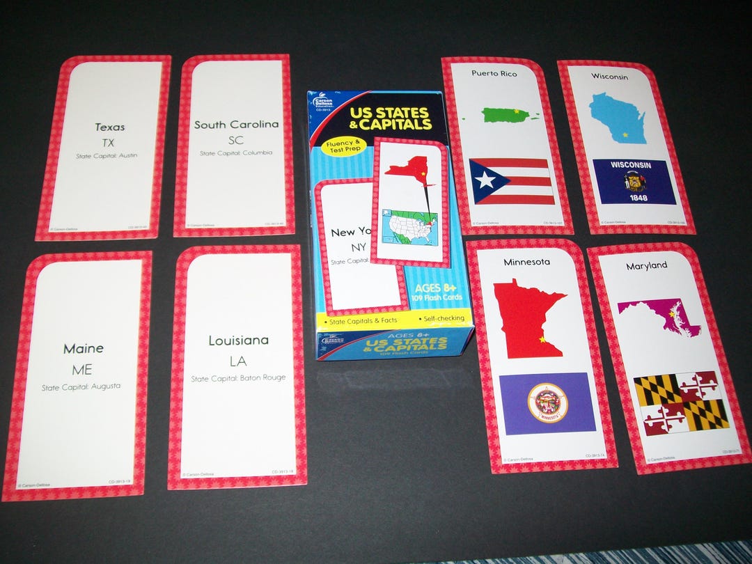US States & Capitals Flash Cards, Travel Adventure Cards, State Map ...