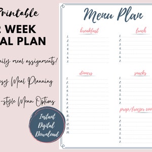 2 Week Menu Planning Printable, Biweekly Menu Plan Template - Etsy
