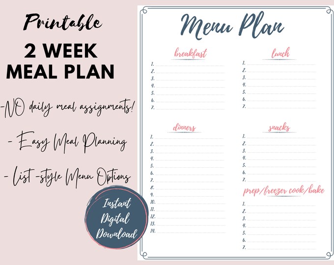 2 Week Menu Planning Printable, Biweekly Menu Plan Template - Etsy