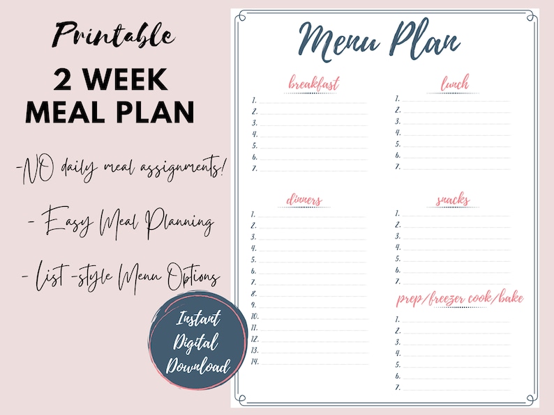 2 Week Menu Planning Printable, Biweekly Menu Plan Template - Etsy