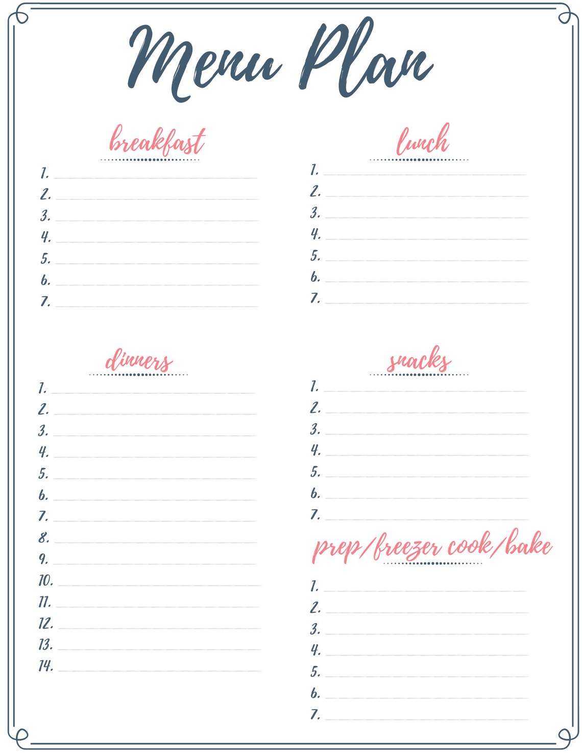 2 Week Menu Planning Printable Biweekly Menu Plan Template Etsy Ireland