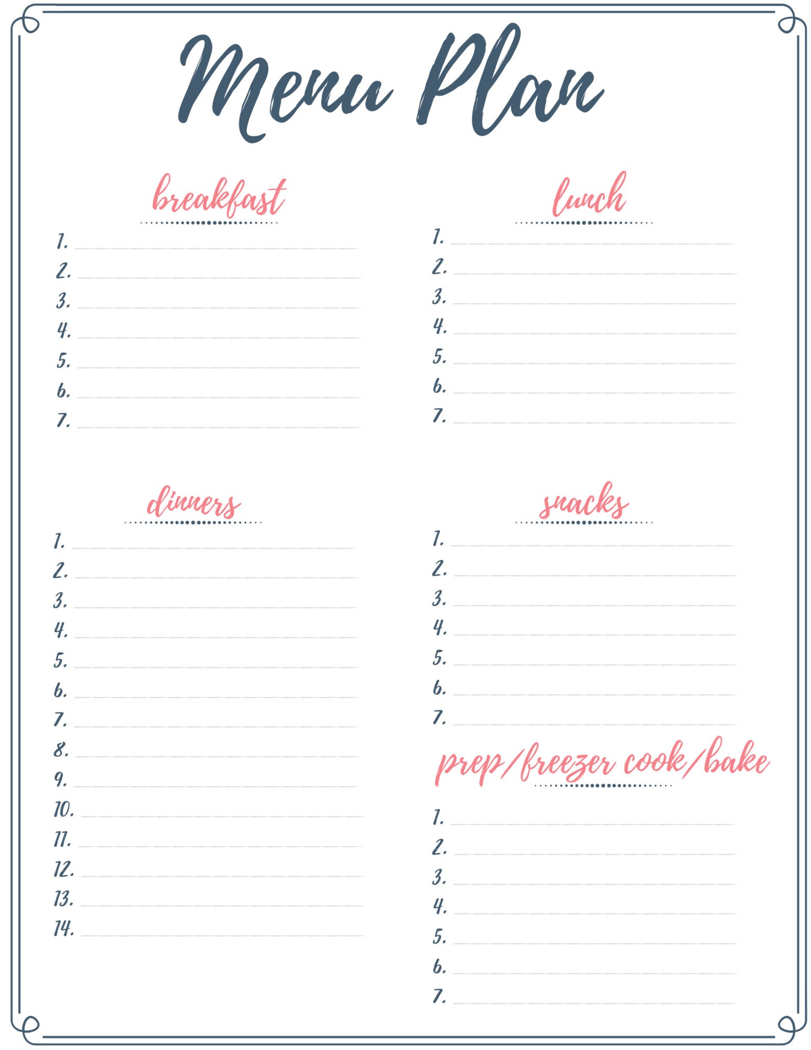 2 Week Menu Planning Printable, Biweekly Menu Plan Template - Etsy