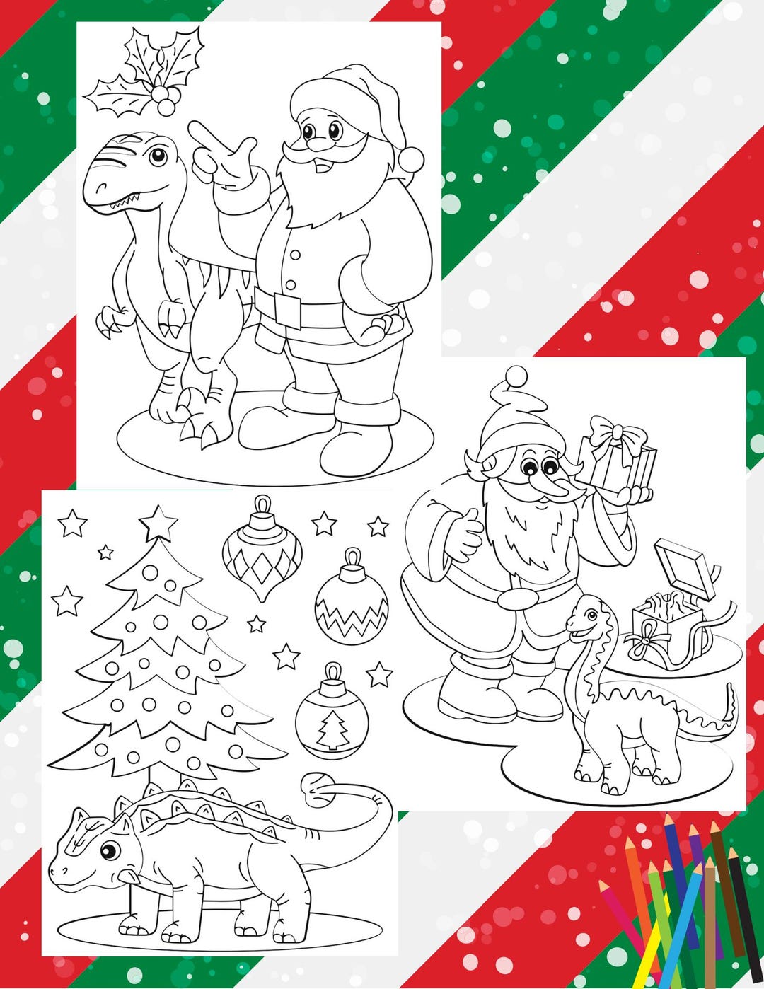 Christmas Dinosaur Coloring Pages, 9 Pages - Etsy
