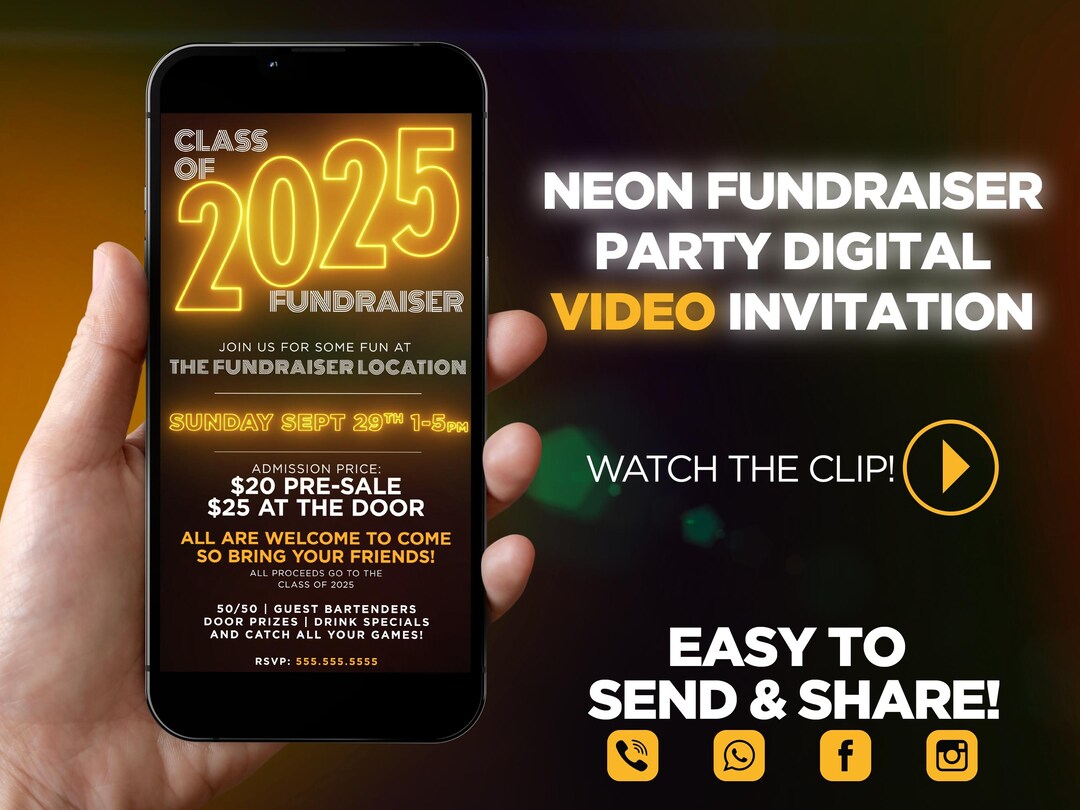 Neon Fundraiser Digital Video Invitation, Neon Invite, Fundrasier Party ...