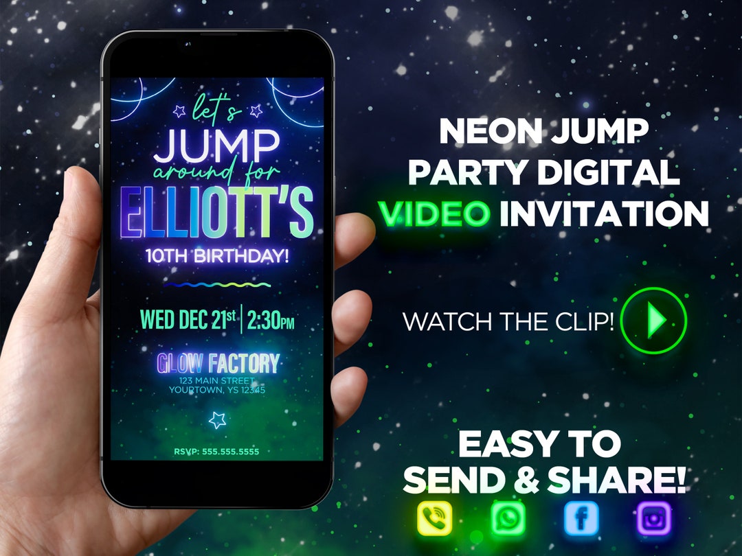 Neon Jump Party Digital Video Invitation, Let’s Jump Video Invite, Jump ...