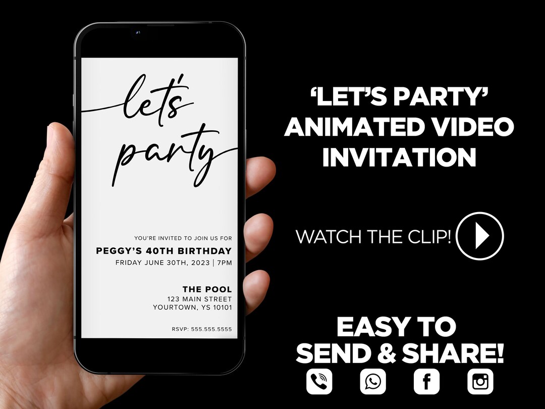 Let's Party Animated Video Invitation, Digital Video Invite, Simple ...