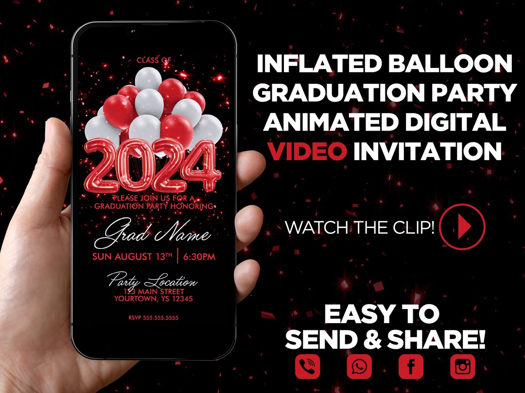 Inflated Balloon Graduation Party Digital Video Invitation Red - Etsy