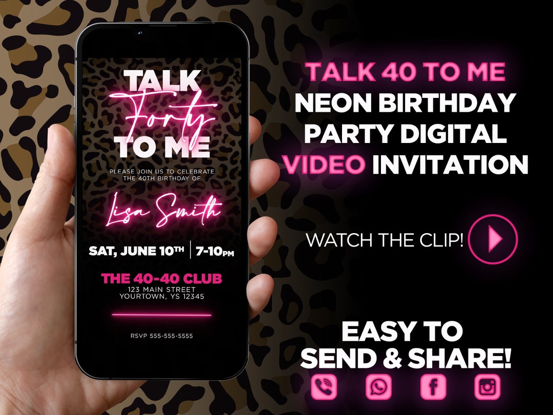 Neon 40th Birthday Party Digital Video Invitation: Leopard Print Evite ...