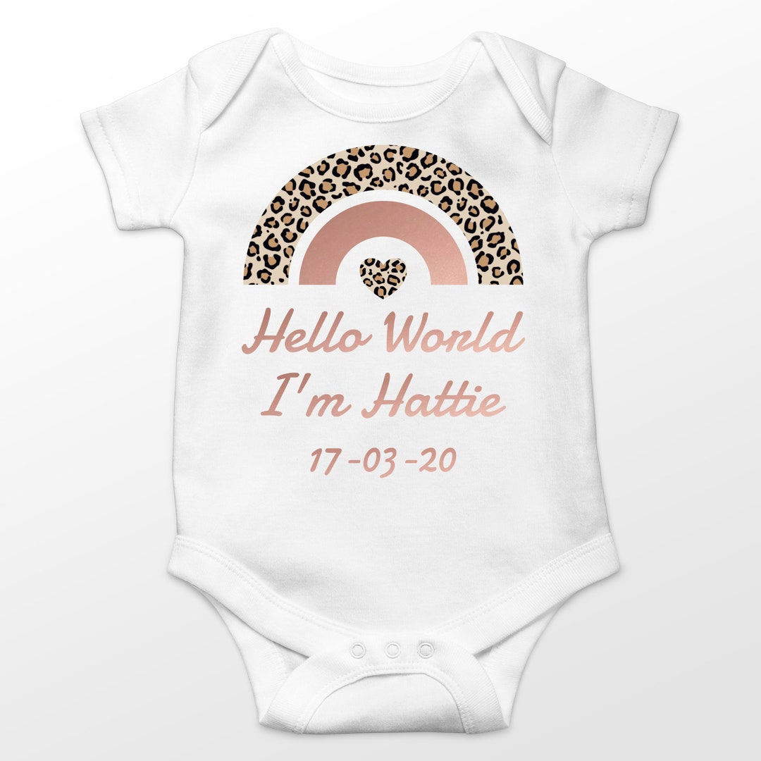 Personalised Newborn Baby Grow With Hello World Design in Animal Print ...