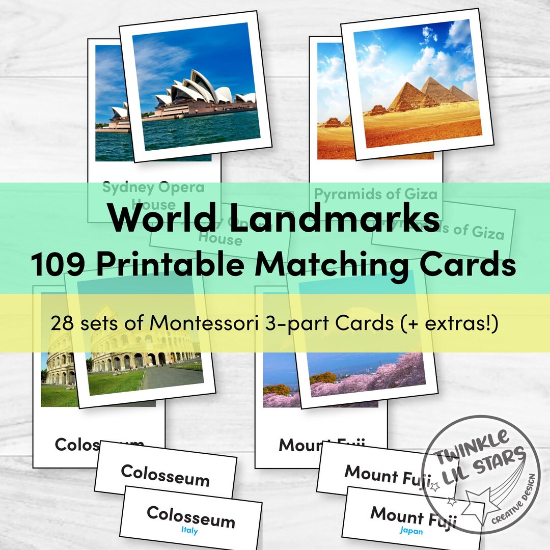 109 World Landmarks Matching Flash Cards - Montessori 3 Parts Cards ...
