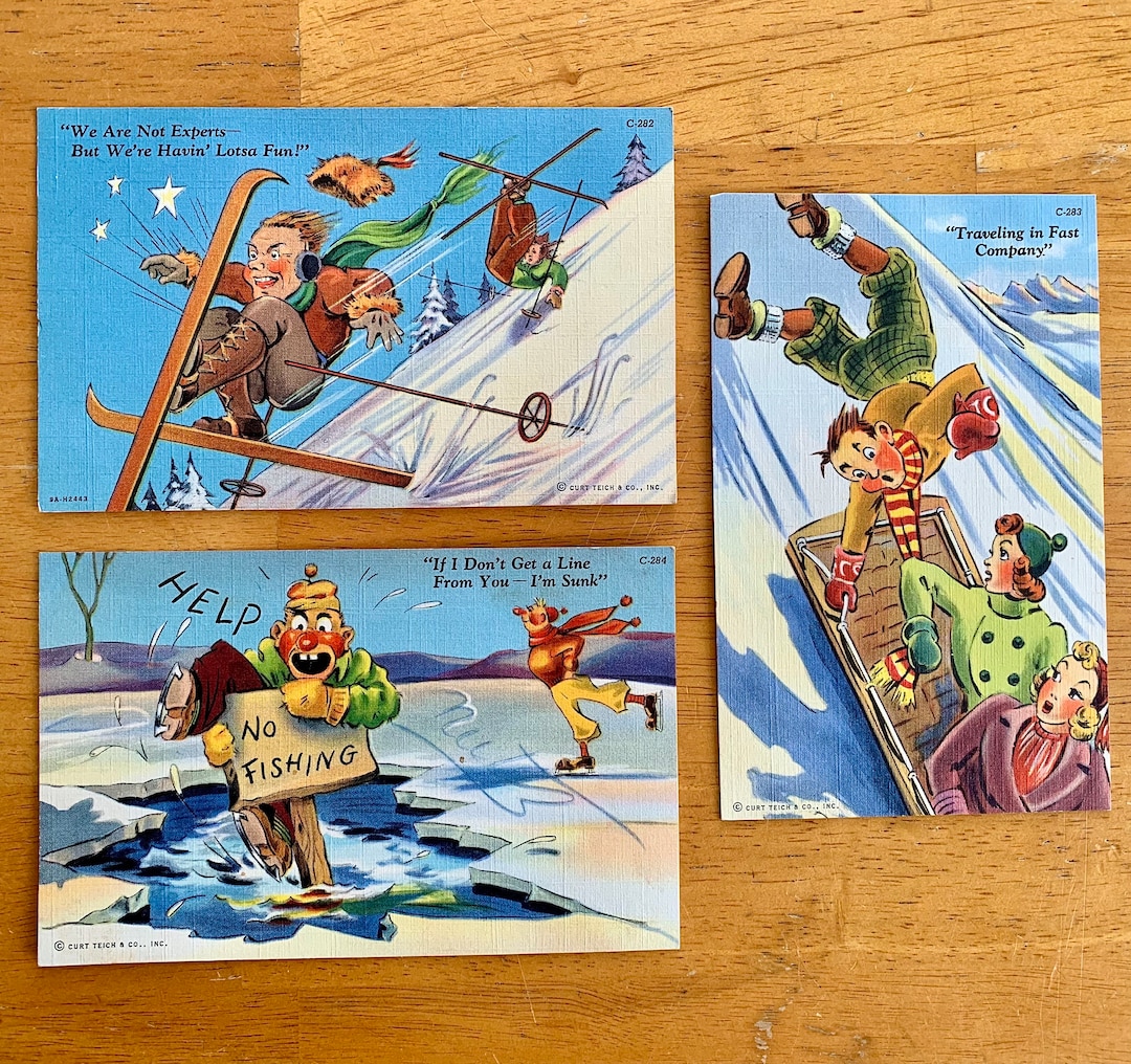 1940's WINTER SPORTS Curt Teich Linen Postcard Lot of 3, Skiing ...