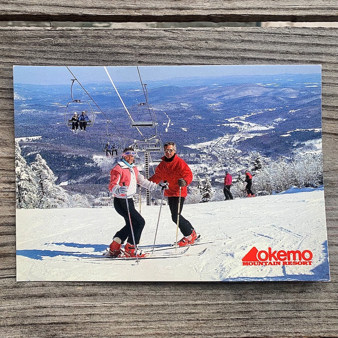 1980's OKEMO MOUNTAIN Ski Resort Vintage Postcard Skiing Ludlow Vermont Poster Patch Pin Wooden ...