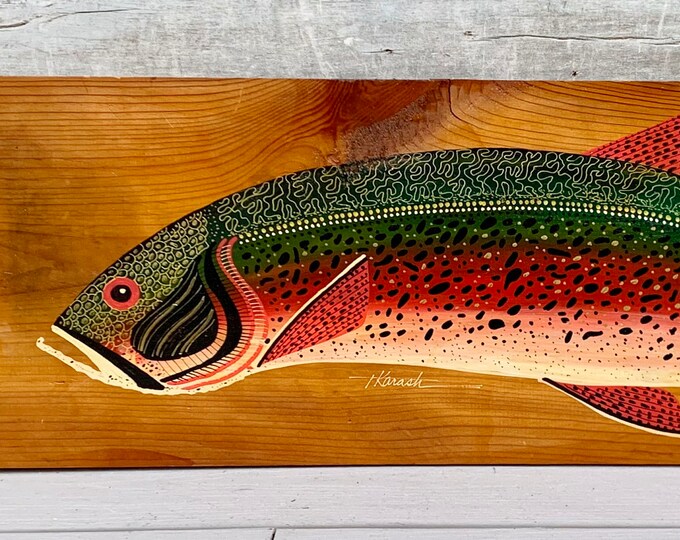 Vintage Tim Karash Rainbow Trout Fish Folk Art Painted Wooden Board ...