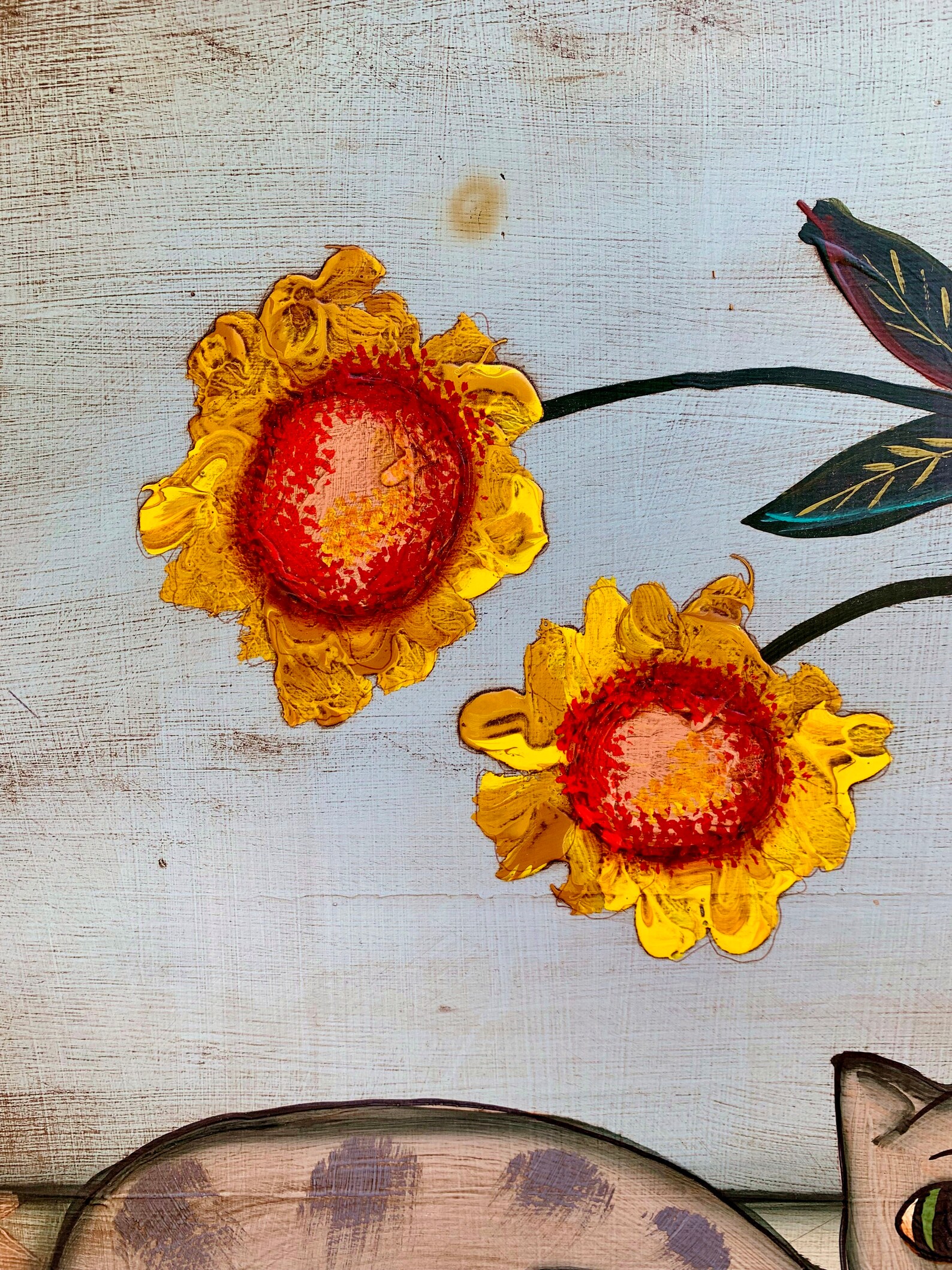 Bonnie Grilli Folk Art Cat & Sunflowers Painting Acrylic on Board ...