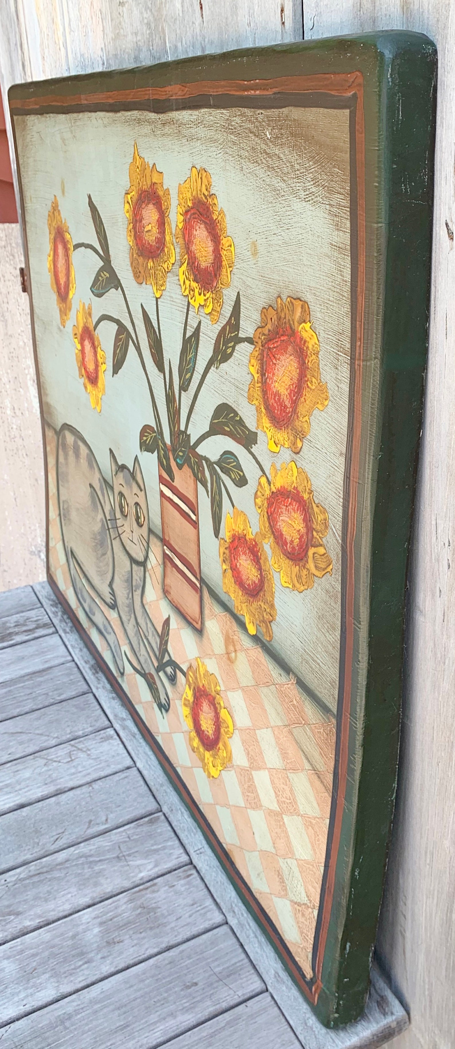 Bonnie Grilli Folk Art Cat & Sunflowers Painting Acrylic on Board ...