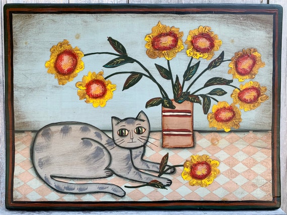 Bonnie Grilli Folk Art Cat & Sunflowers Painting Acrylic on - Etsy
