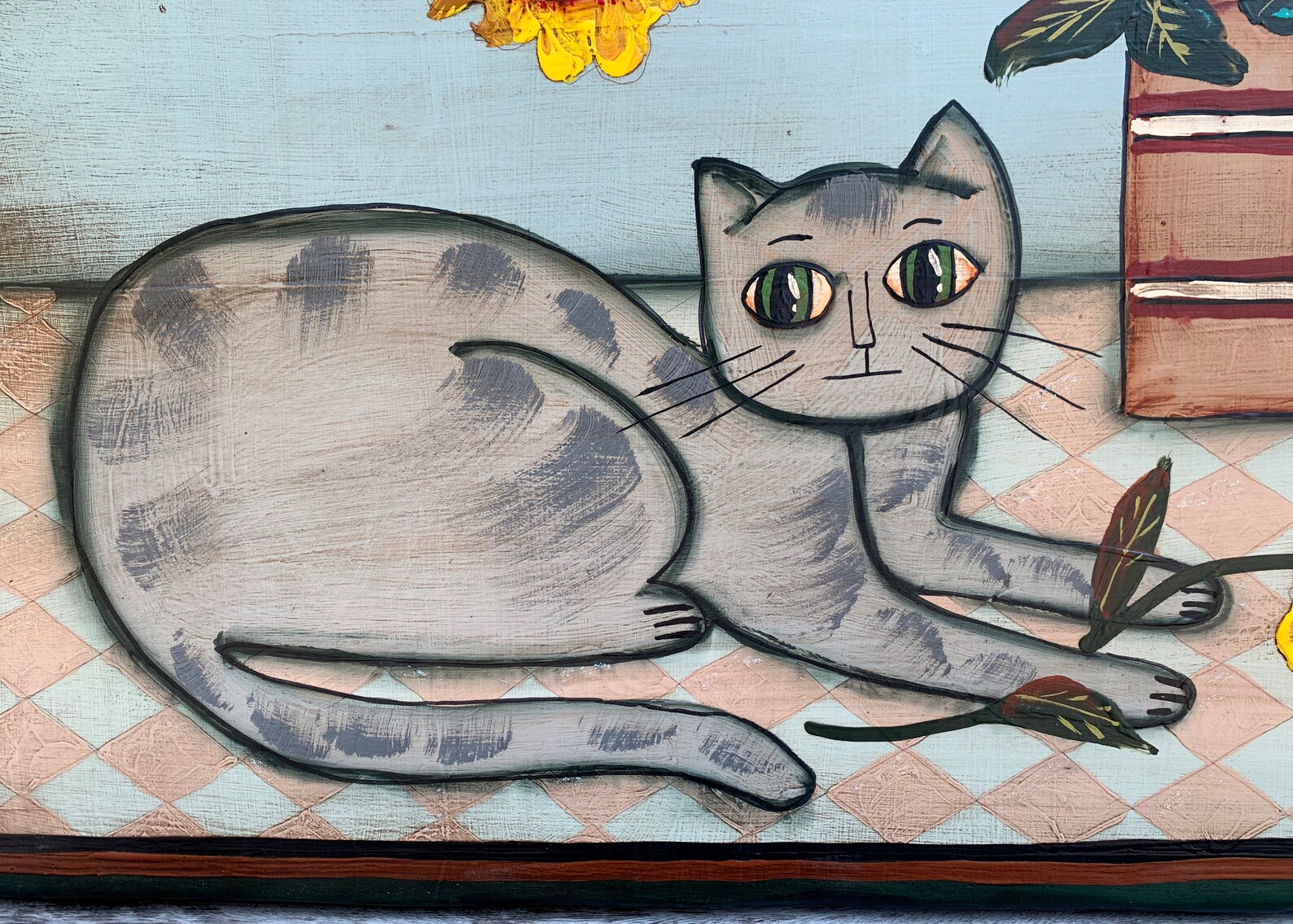 Bonnie Grilli Folk Art Cat & Sunflowers Painting Acrylic on Board ...