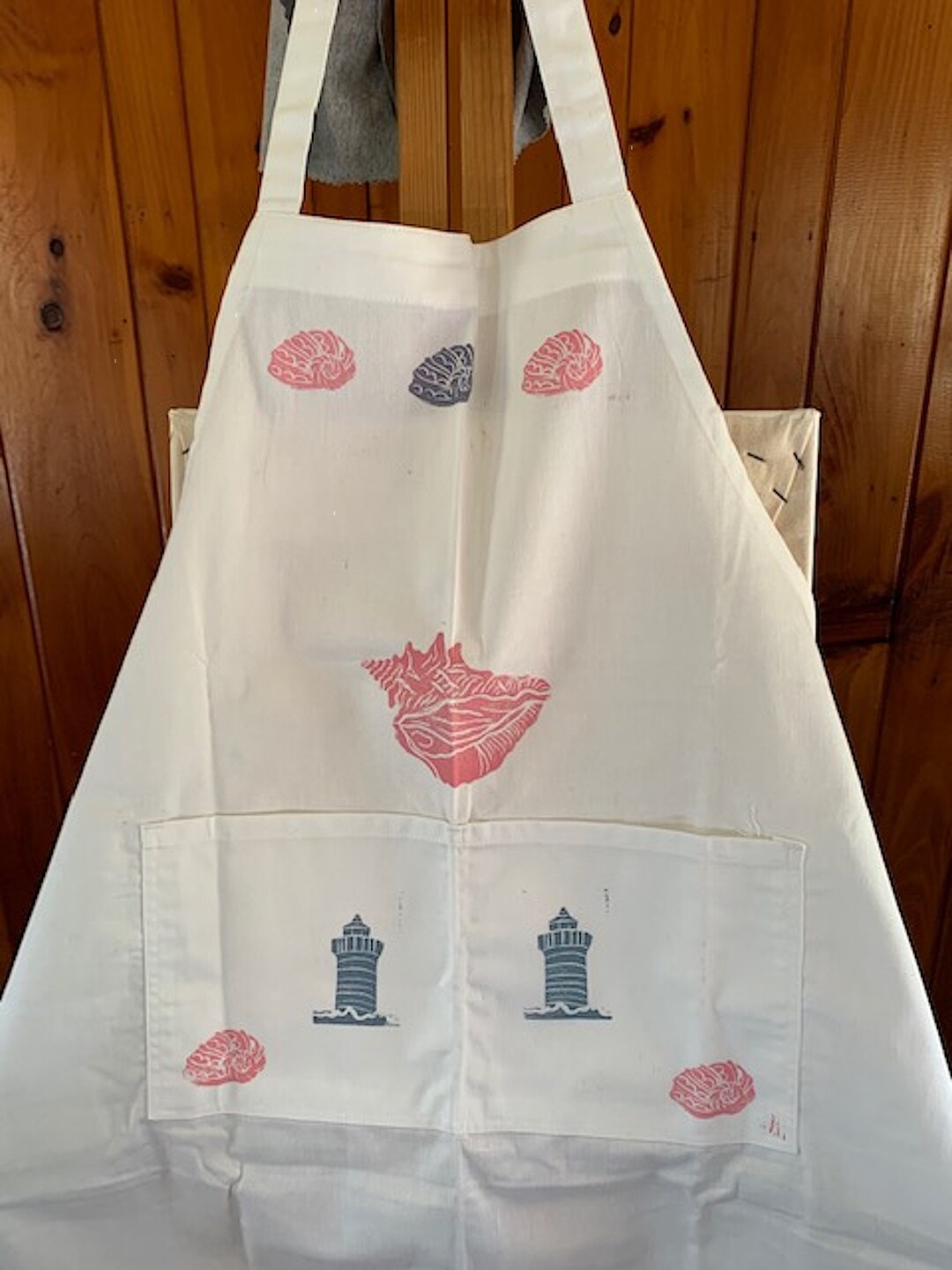 Linocut Print Light House and Sea Shell Apron, Kitchen Apron, Bakery ...