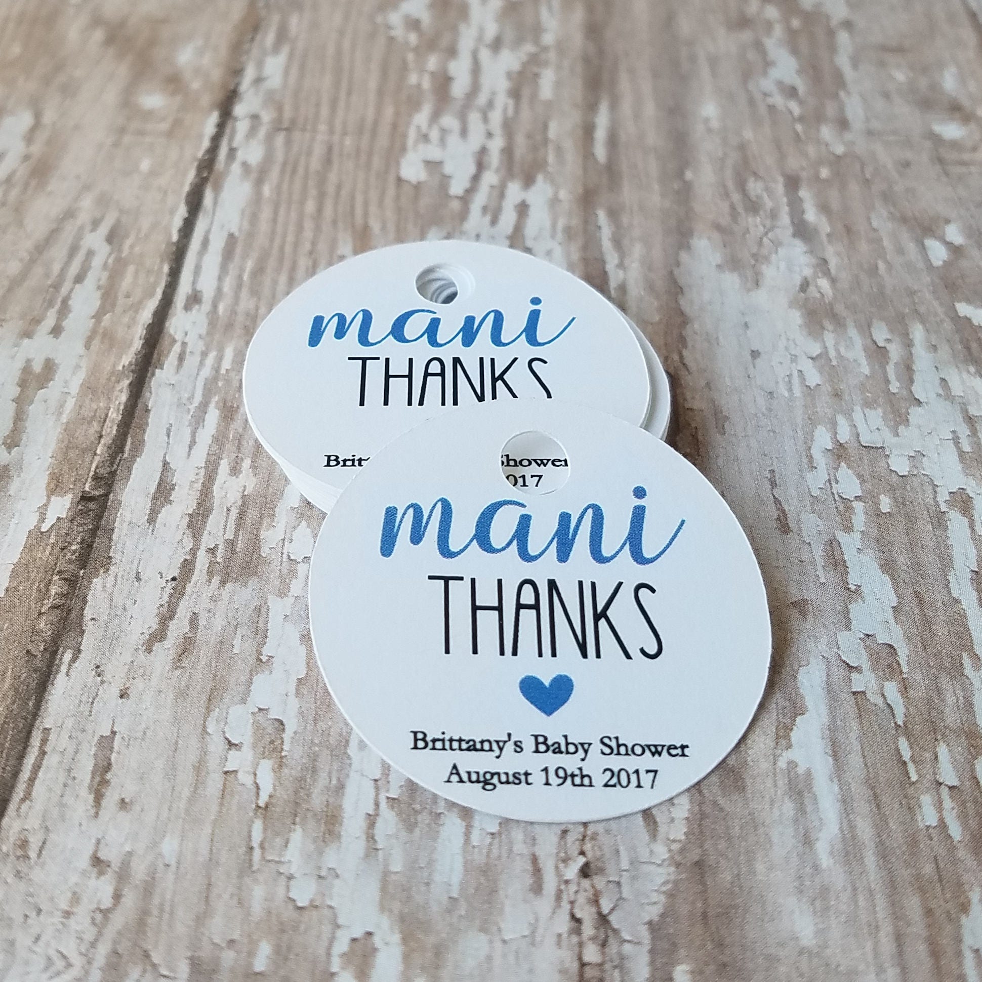 Mini Mani Thanks Tags, 1.5" Round Tag, Mani Thanks, Bridal Shower Tag ...