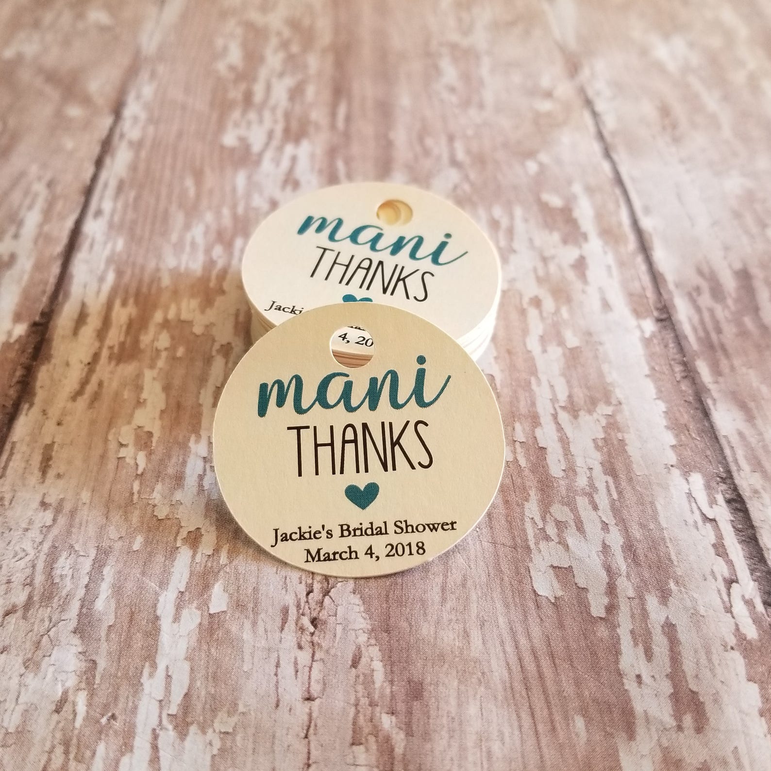 Mini Mani Thanks Tags, 1.5" Round Tag, Mani Thanks, Bridal Shower Tag ...