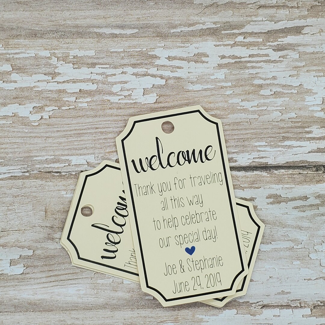 Etiqueta de bienvenida, Etiqueta de boda de destino, Gracias por viajar ...