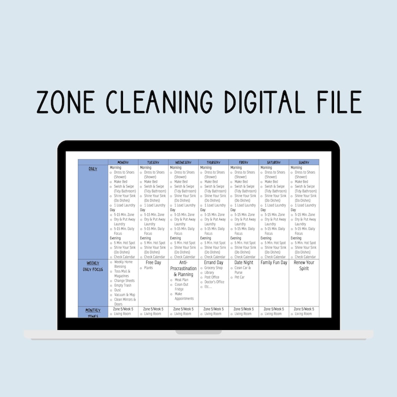 Zone Cleaning Digital File Daily / Weekly / Monthly Color - Etsy