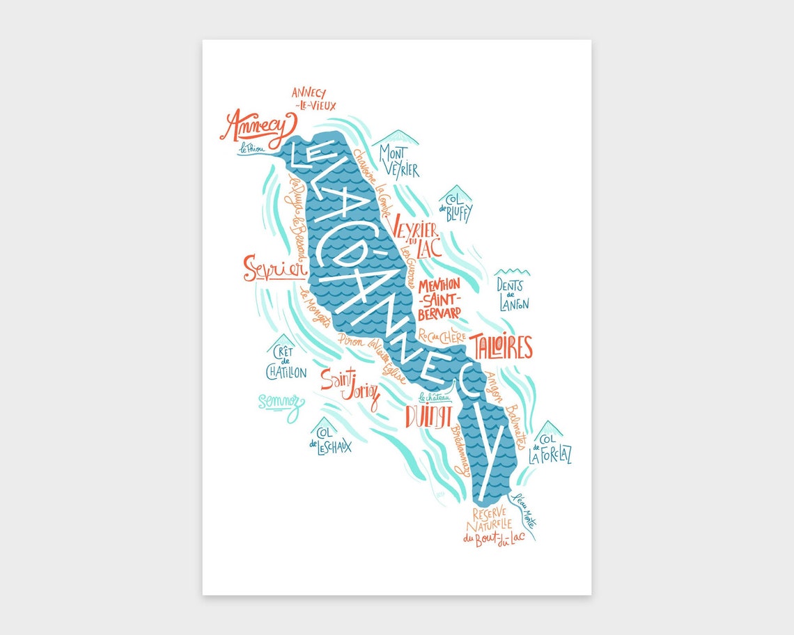 Annecy Lake Map Travel Print Art for Traveler France Map Wall Art ...