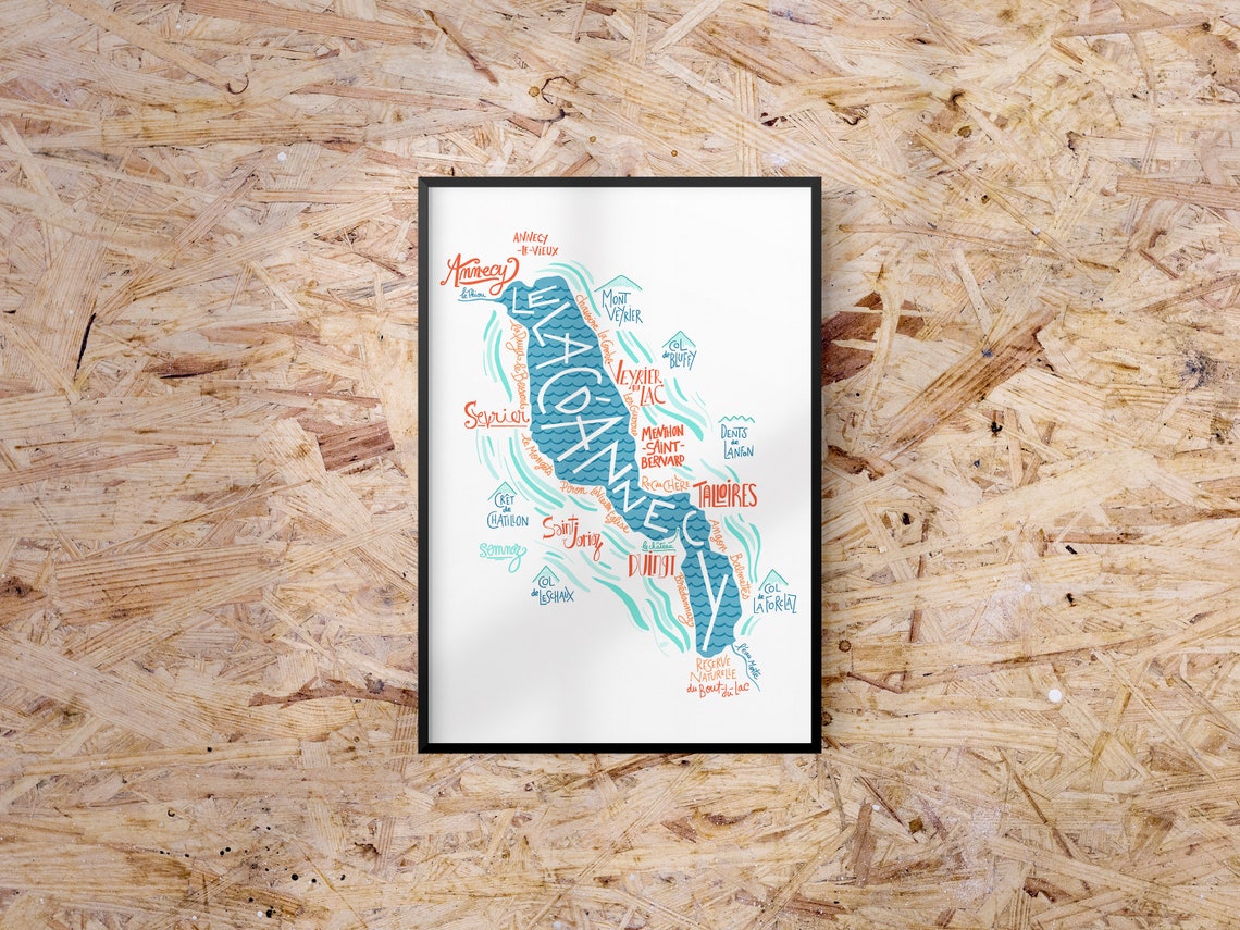 Annecy Lake Map Travel Print Art for Traveler France Map Wall Art ...