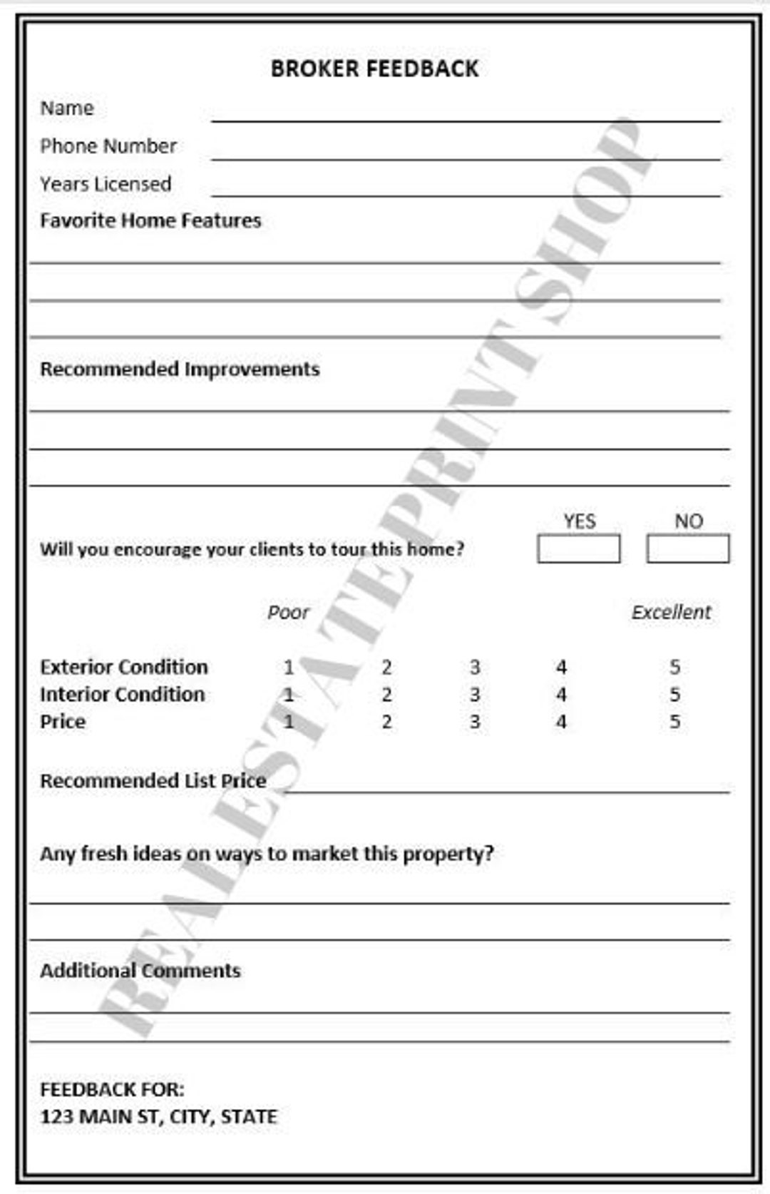 Broker's Open Feedback Form- UNBRANDED, Real Estate Marketing, Feedback ...