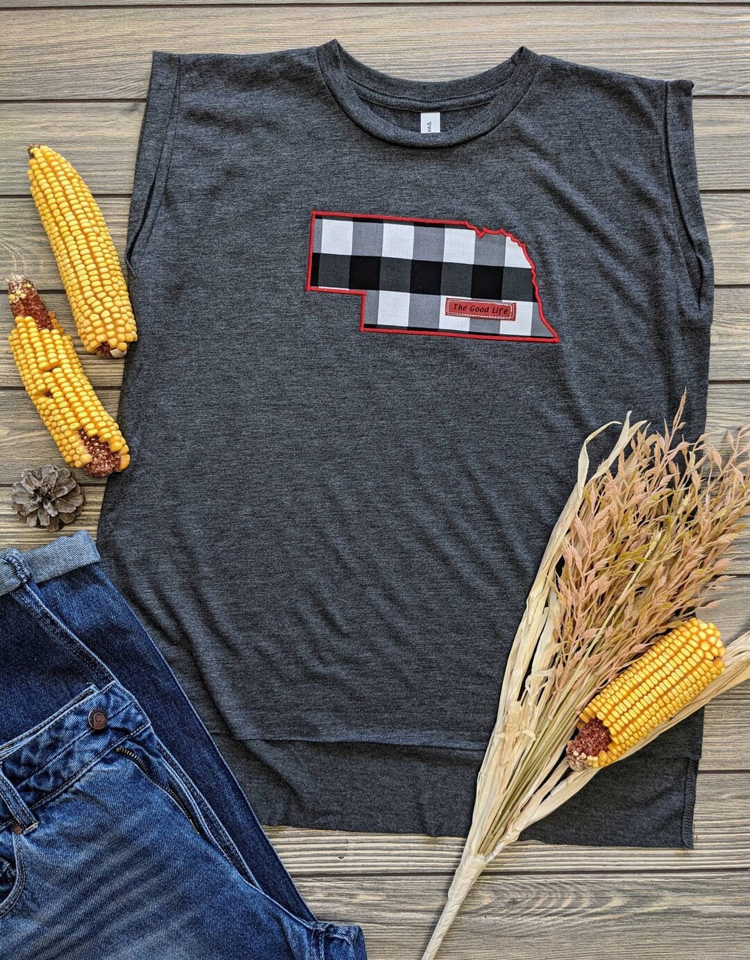 Black & Grey Buffalo Plaid Nebraska W/ Red "the Good Life" Label Ladies ...