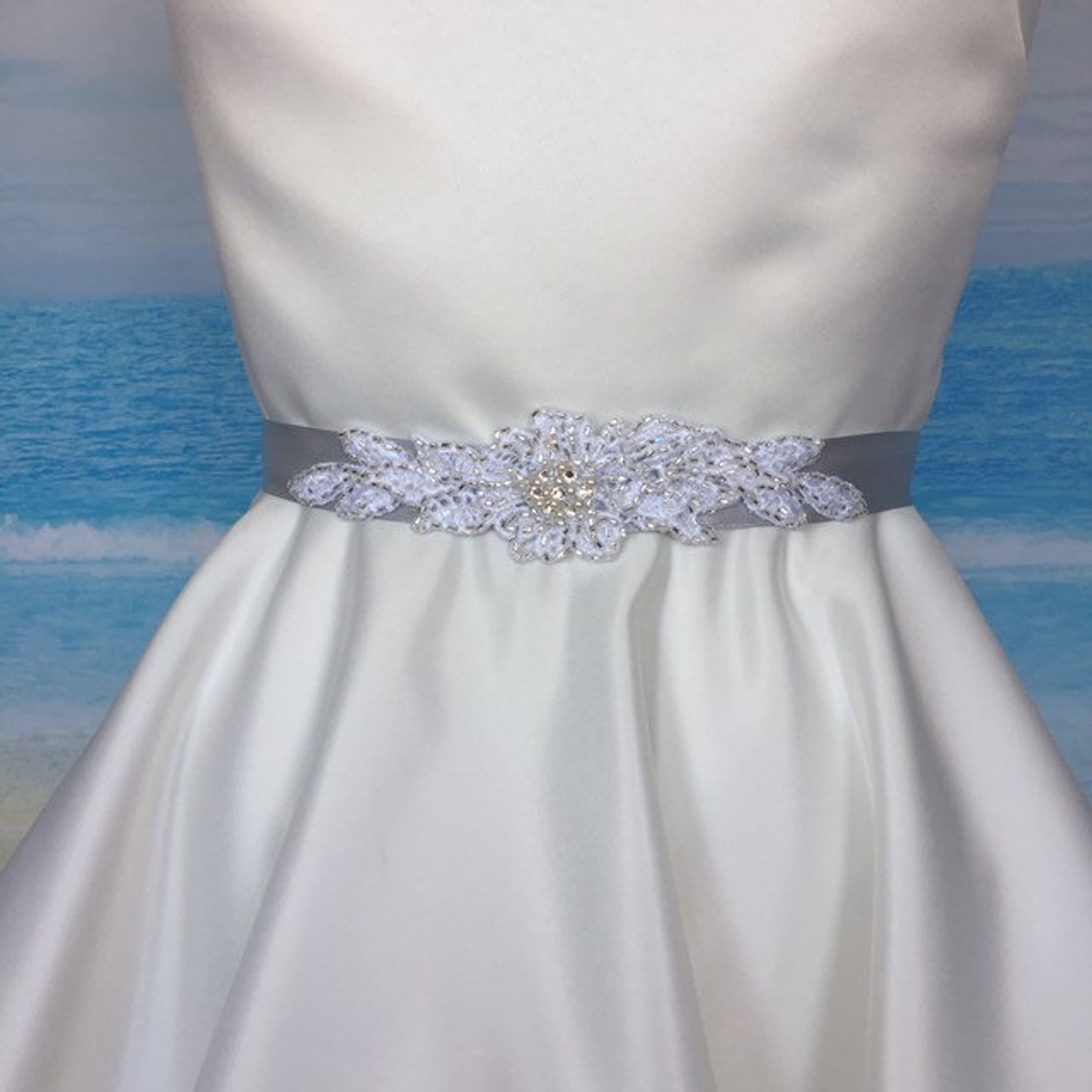 Silver Bridal Sash,white Lace,venice Lace Sash,beaded Sash,special ...