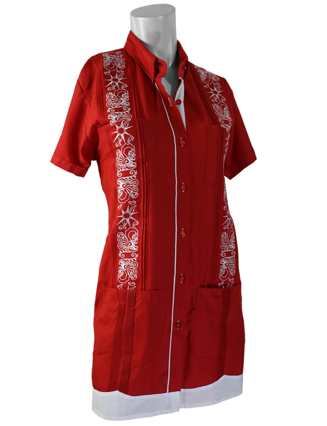 Y.a.bera Clothing Ladies Guayabera Dress - Cherry Red Linen With White ...