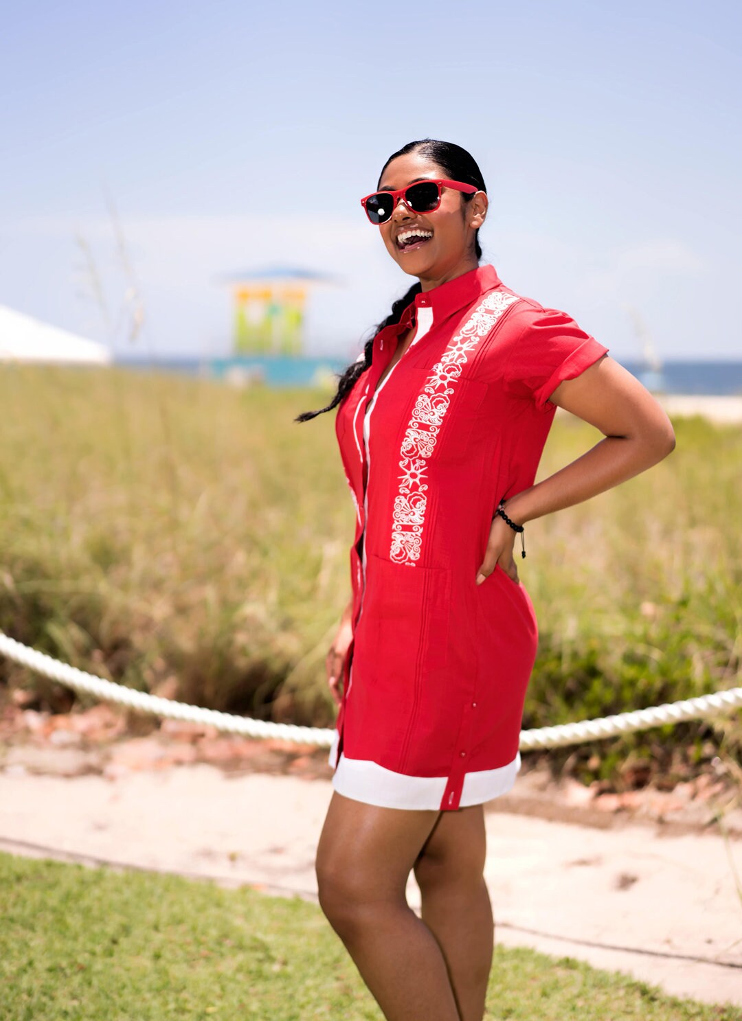 Y.a.bera Clothing Ladies Guayabera Dress - Cherry Red Linen With White ...