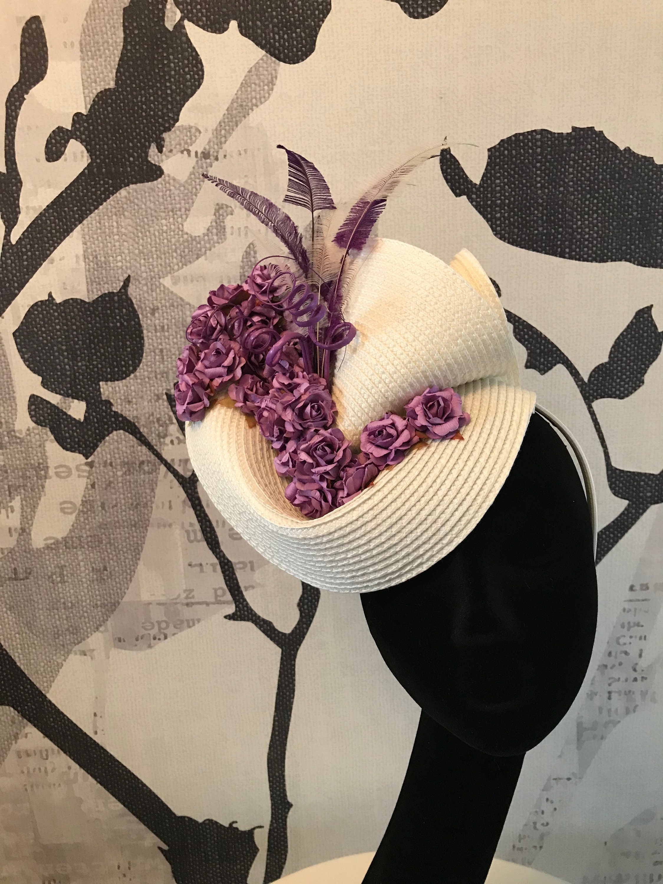 White Straw Fascinator With Purple Flowers Wedding Races Hat Headpiece ...
