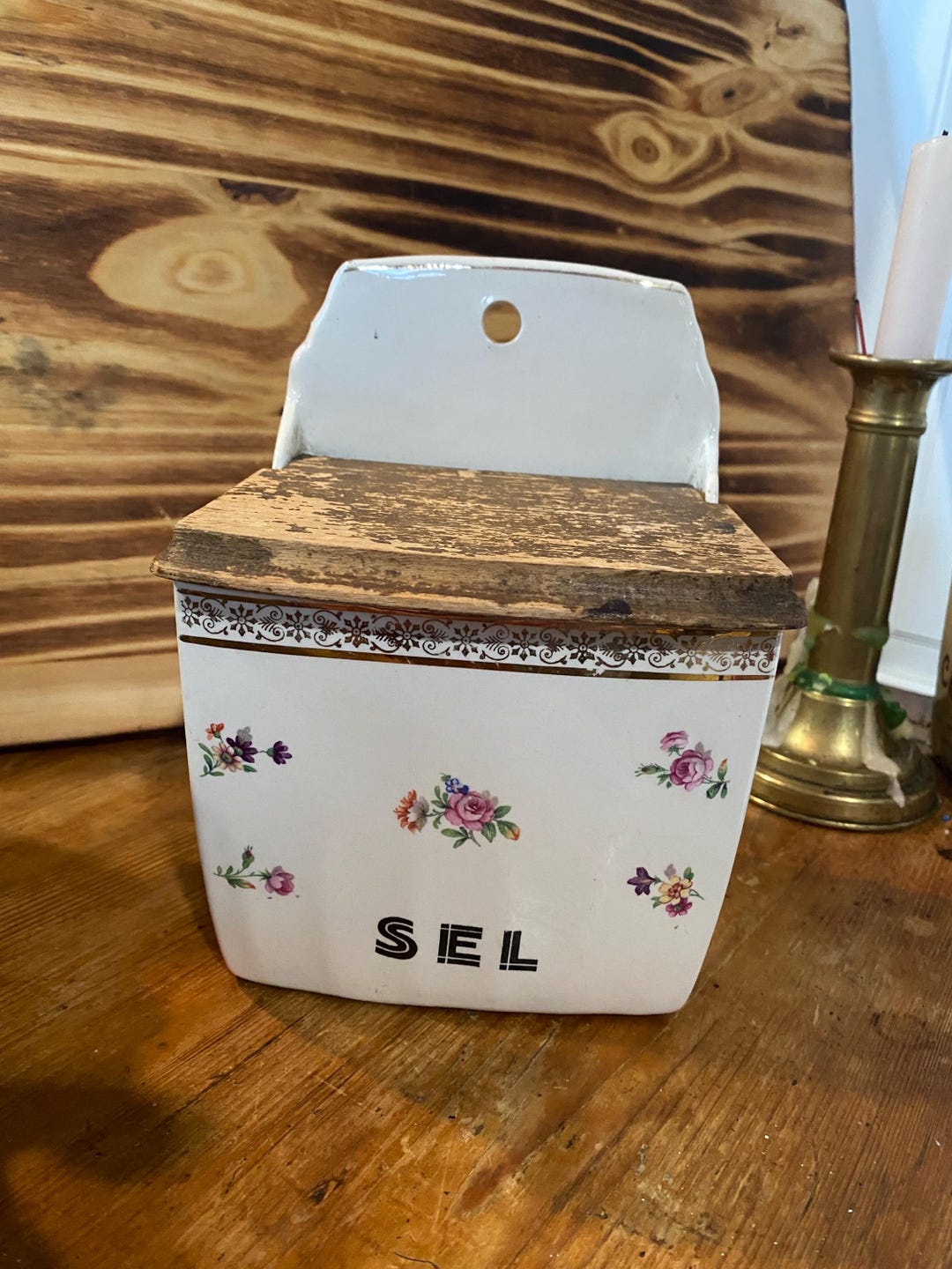 Antique French Salt Box Wall Hanging Porcelain Salt Keeper Wooden Lid ...