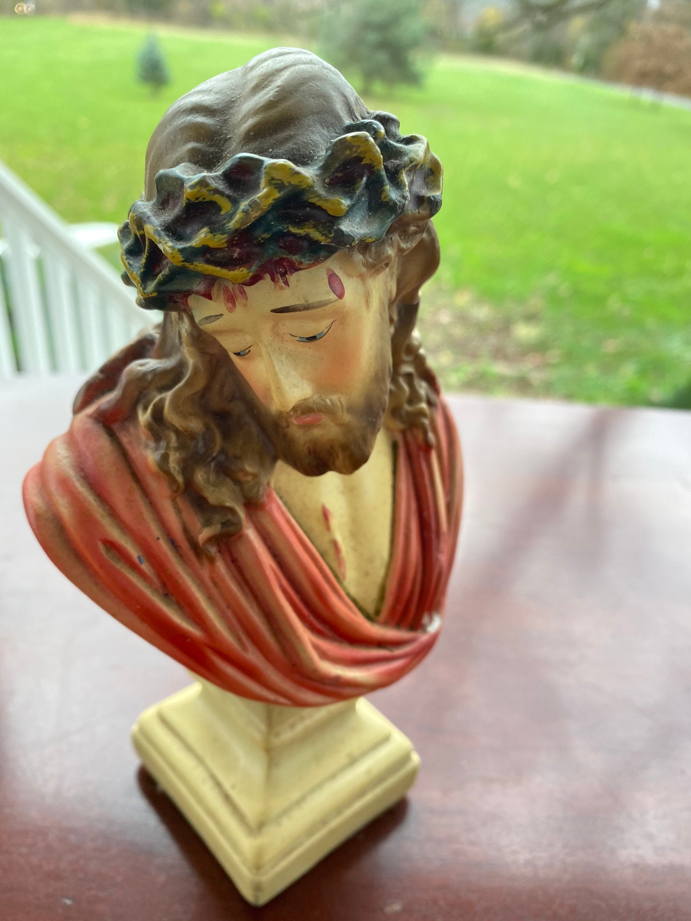 Antique Religious Statue of Jesus Bust on Pedestal Chalk Ware Jesus - Etsy