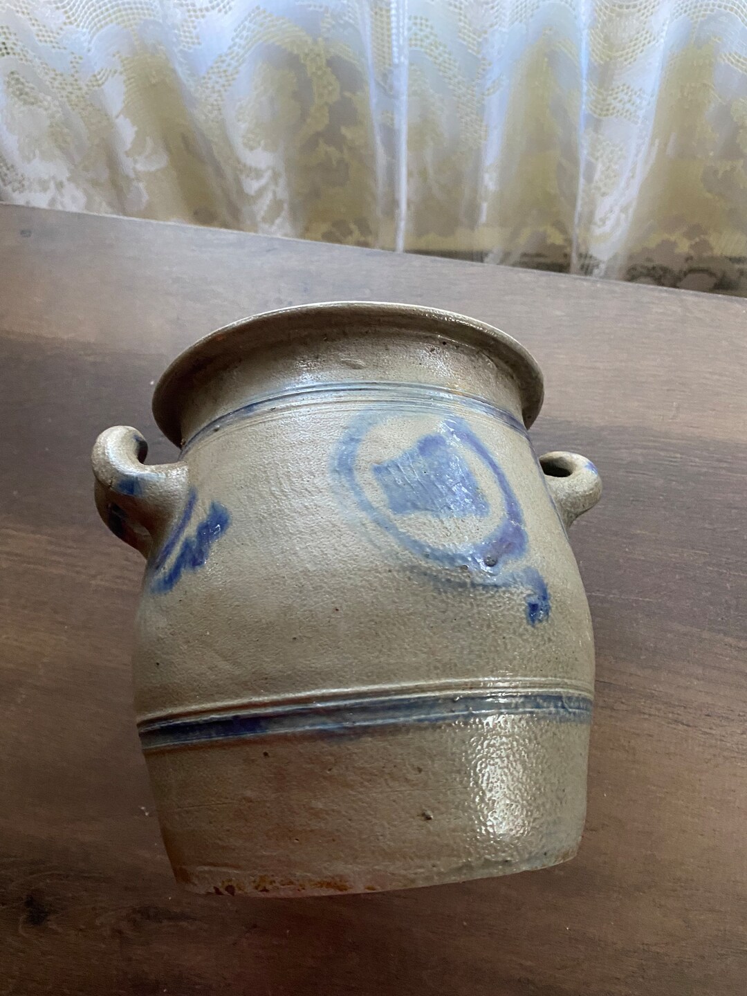 Antique Stoneware Crock 1900s Hand Painted Gray and Blue Salt Glazed ...