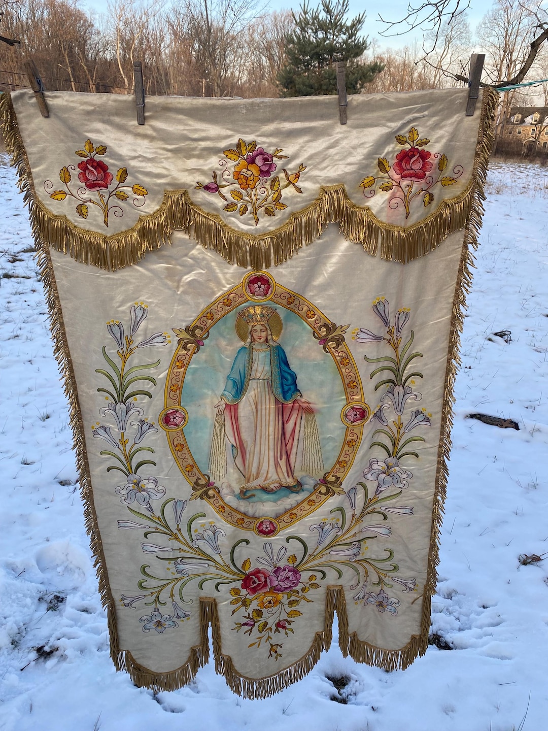 Antique French Religious Procession Banner Embroidered Religious ...