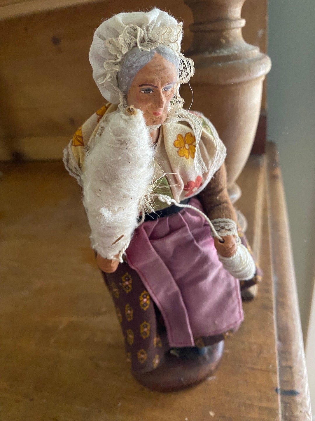 Antique French Santon Terra Cotta Doll Old Woman Spinning Cotton on to ...