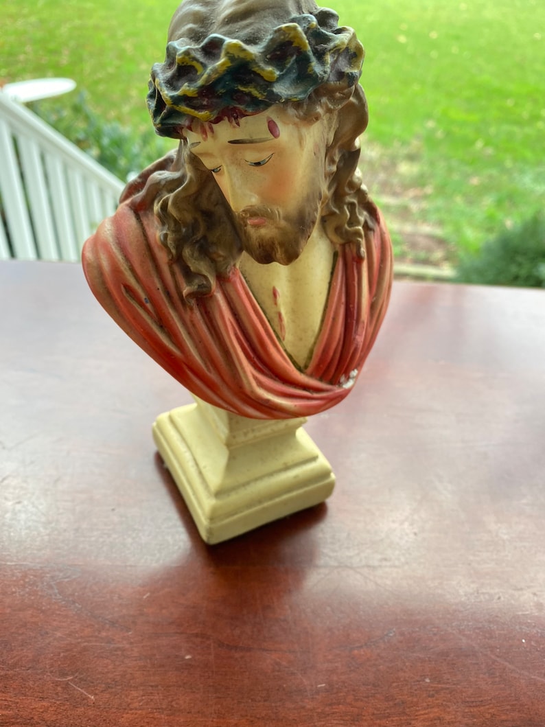 Antique Religious Statue of Jesus Bust on Pedestal Chalk Ware Jesus - Etsy