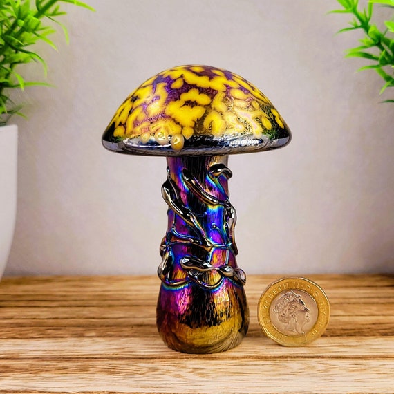 YELLOW GLASS MUSHROOM Iridescent Paperweight Ornamental Glassware Etsy UK
